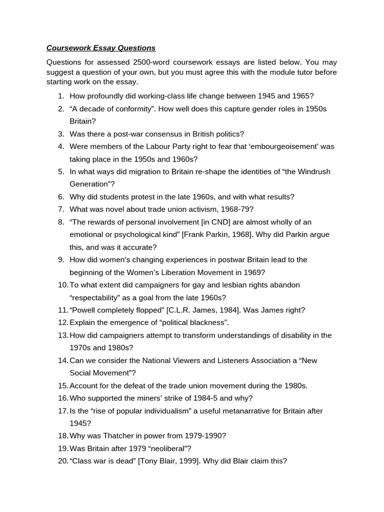 Coursework Essay Questions 2024-5 | PDF | History