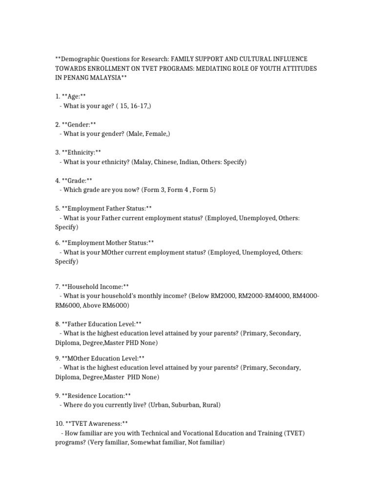 Demographic Questions for TVET Research | PDF