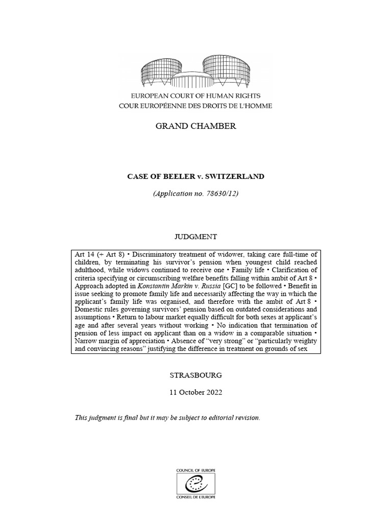 Beeler v. Switzerland: Pension Discrimination Case | PDF | European ...