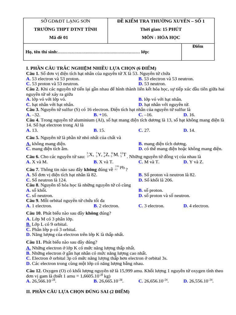 ĐỀ KTRA 15P LỚP 10.kỳ 1. | PDF