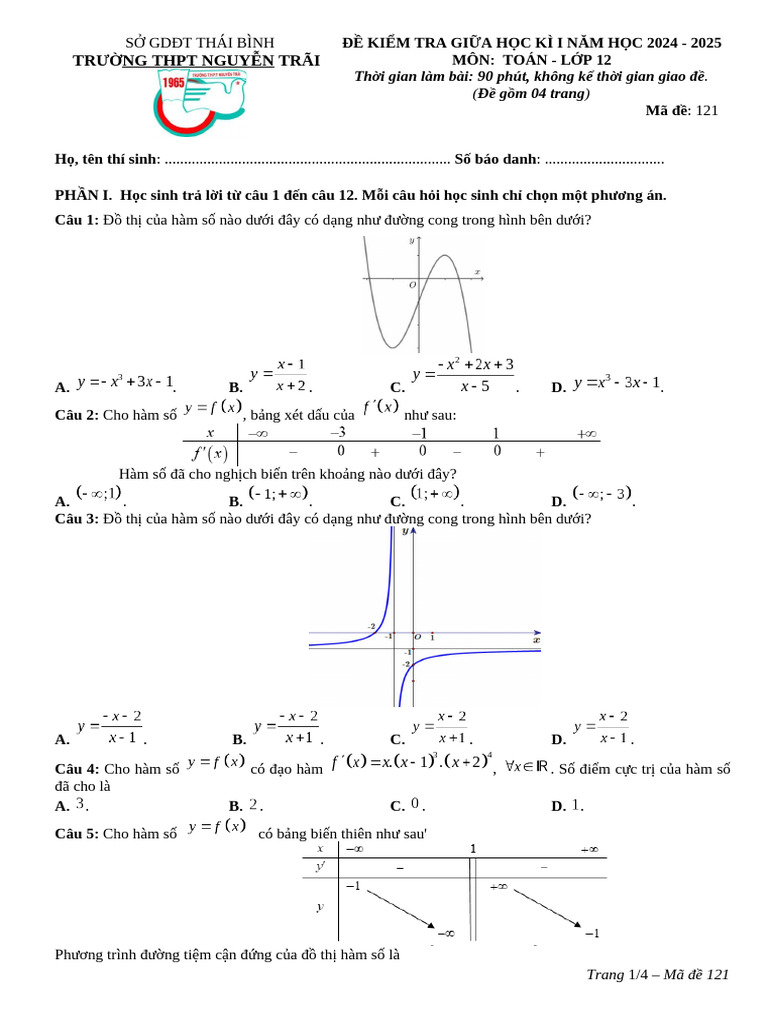 De Giua Hoc Ki 1 Toan 12 Nam 2024 2025 Truong THPT Nguyen Trai Thai Binh | PDF