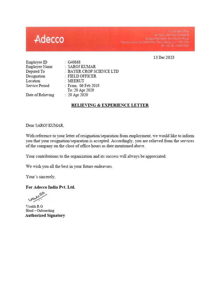 Relieving & Experience Letter: Visakh R G Head - Onboarding | PDF