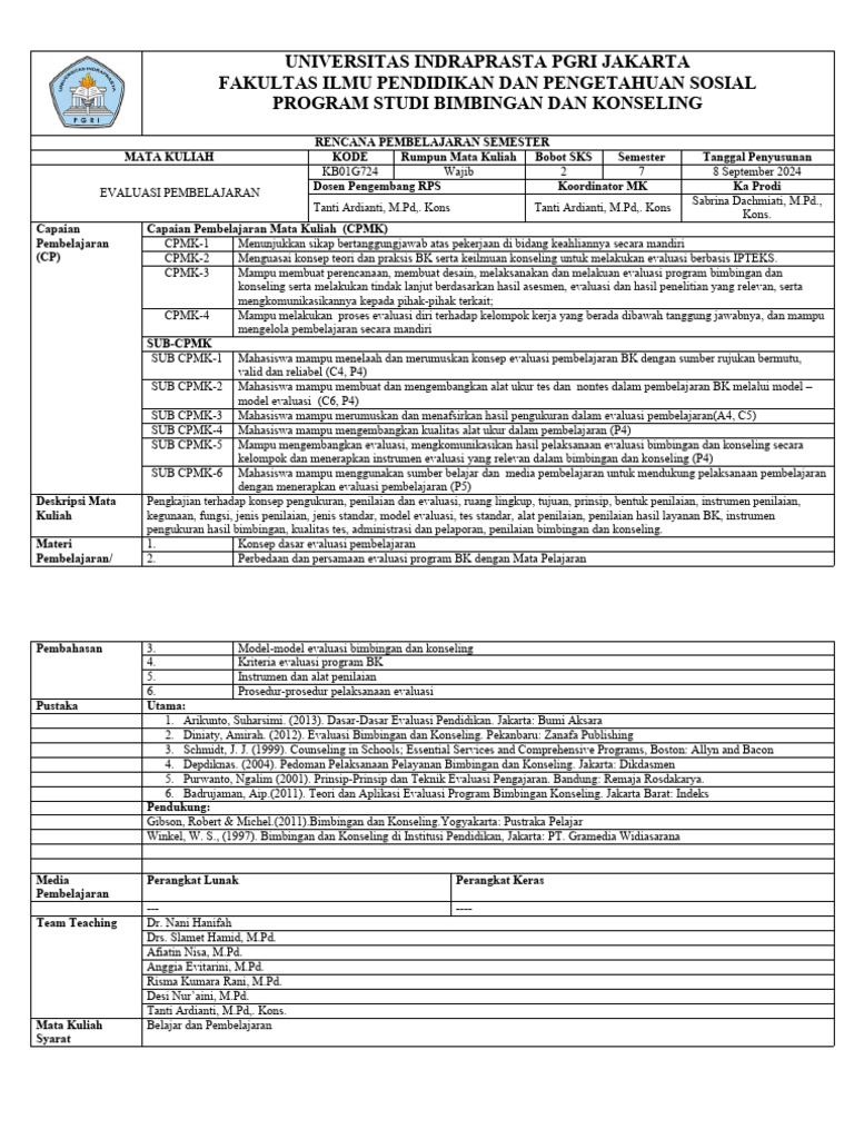RPS Evaluasi Pembelajaran 2024 | PDF