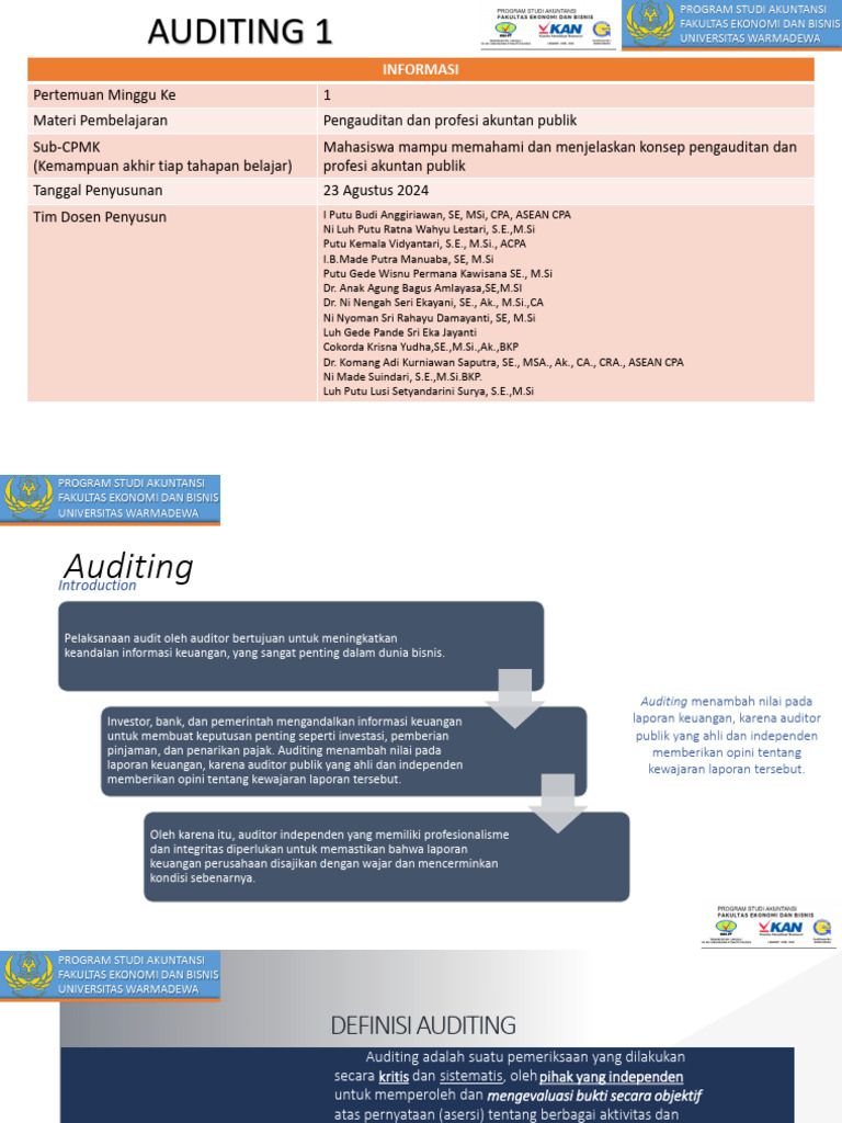 Pertemuan 1 Auditing 1 | PDF | Pengelolaan Keuangan & Uang