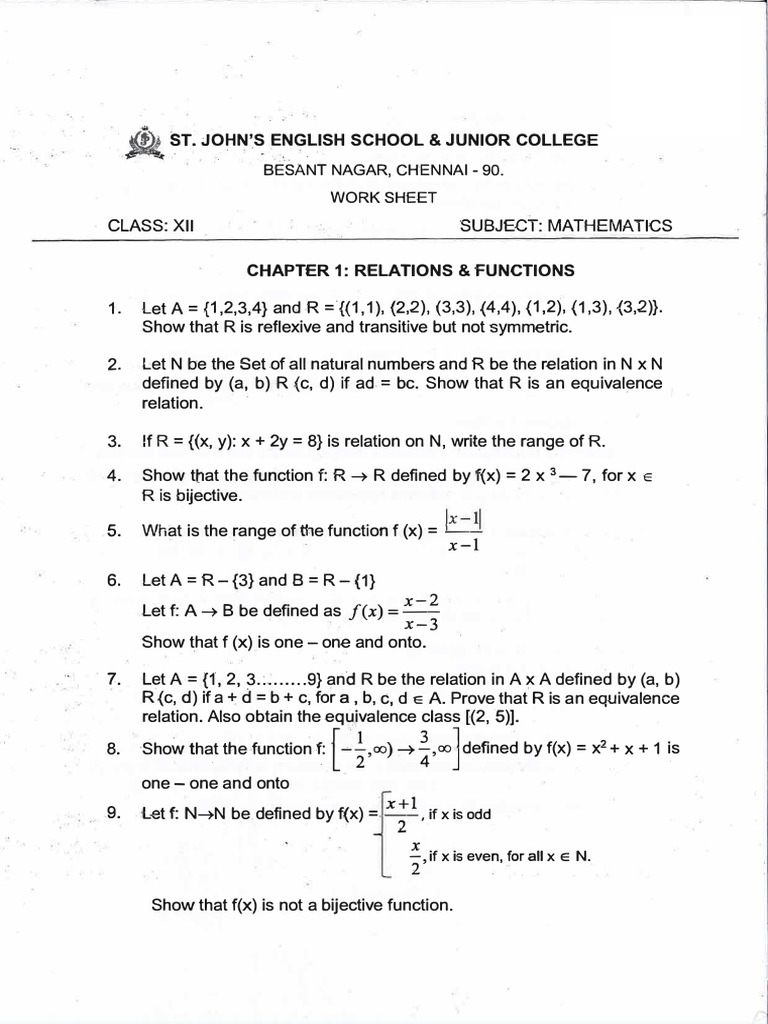 Class XII Mathematics Worksheet: Relations | PDF