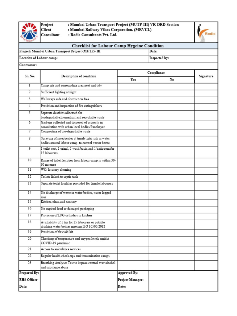 Labour Camp Hygeine Checklist | PDF | Toilet | Biodegradation