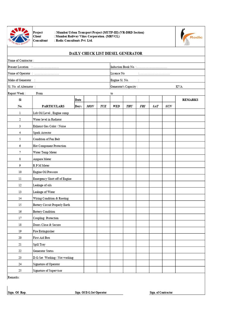 Daily Checklist of DG Set | PDF