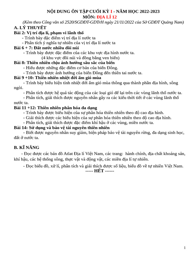 De Cuong On Tap Dia 12 Hki | PDF