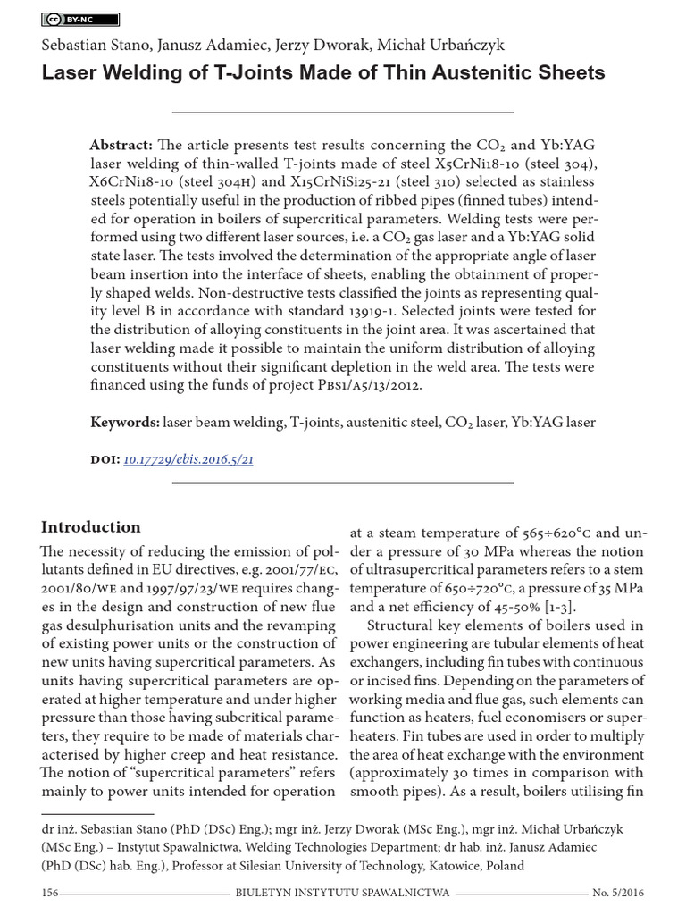 Laser Welding of Thin Austenitic T-Joints | PDF | Boiler | Welding