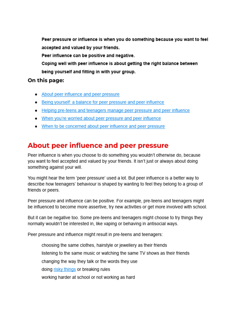 Peer Pressure or Influence | PDF | Adolescence | Mood (Psychology)