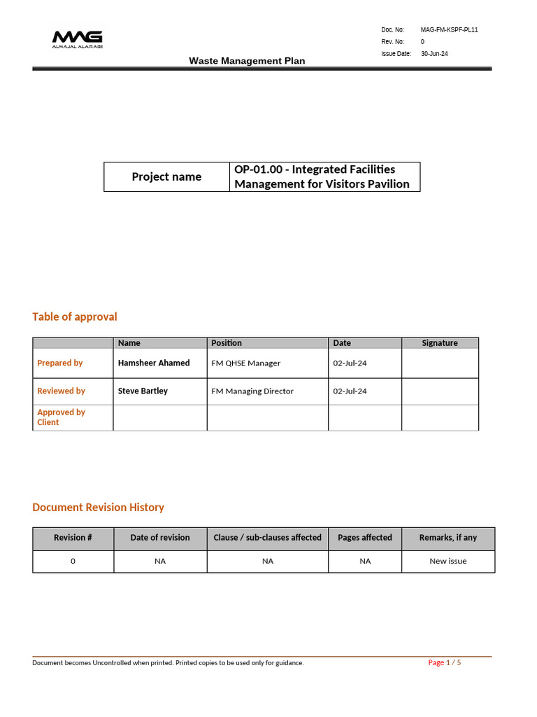 MAG-FM-KSPF-PL11-Waste Management Plan | PDF | Waste | Waste Management