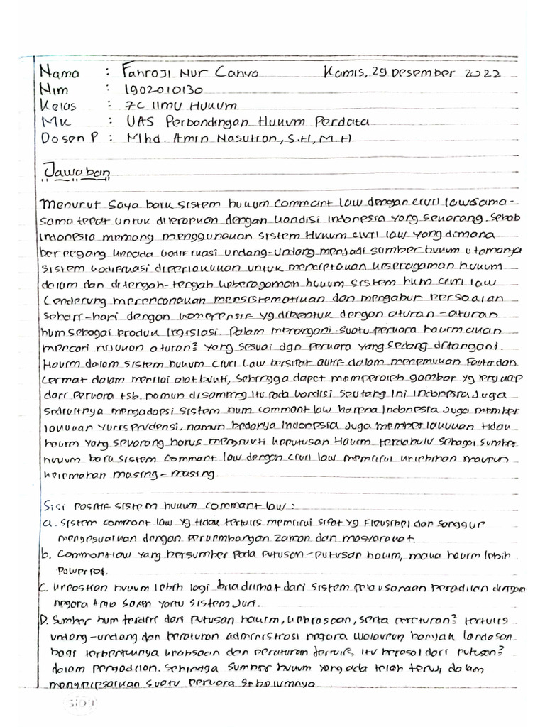 Uas Perbandingan Hukum Perdata Fahroji Nur Cahyo (1902010130) 7C Ilmu Hukum | PDF