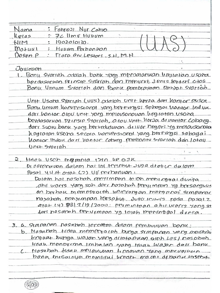 Uas Hukum Perbankan Fahroji Nur Cahyo (1902010130) 7C Ilmu Hukum | PDF