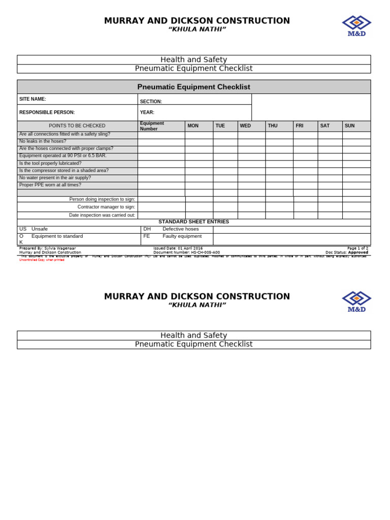 HS-CH-005-A00 - Pneumatic Equipment Checklist | PDF