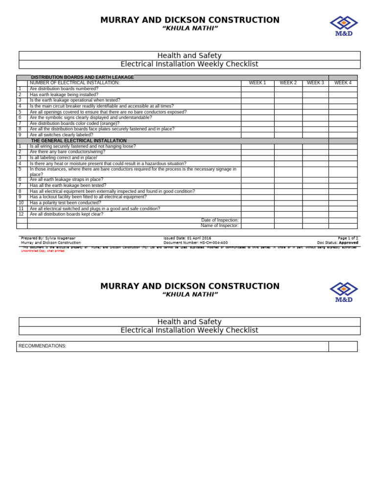 HS-CH-004-A00 - Electrical Installation Weekly Checklist | PDF ...