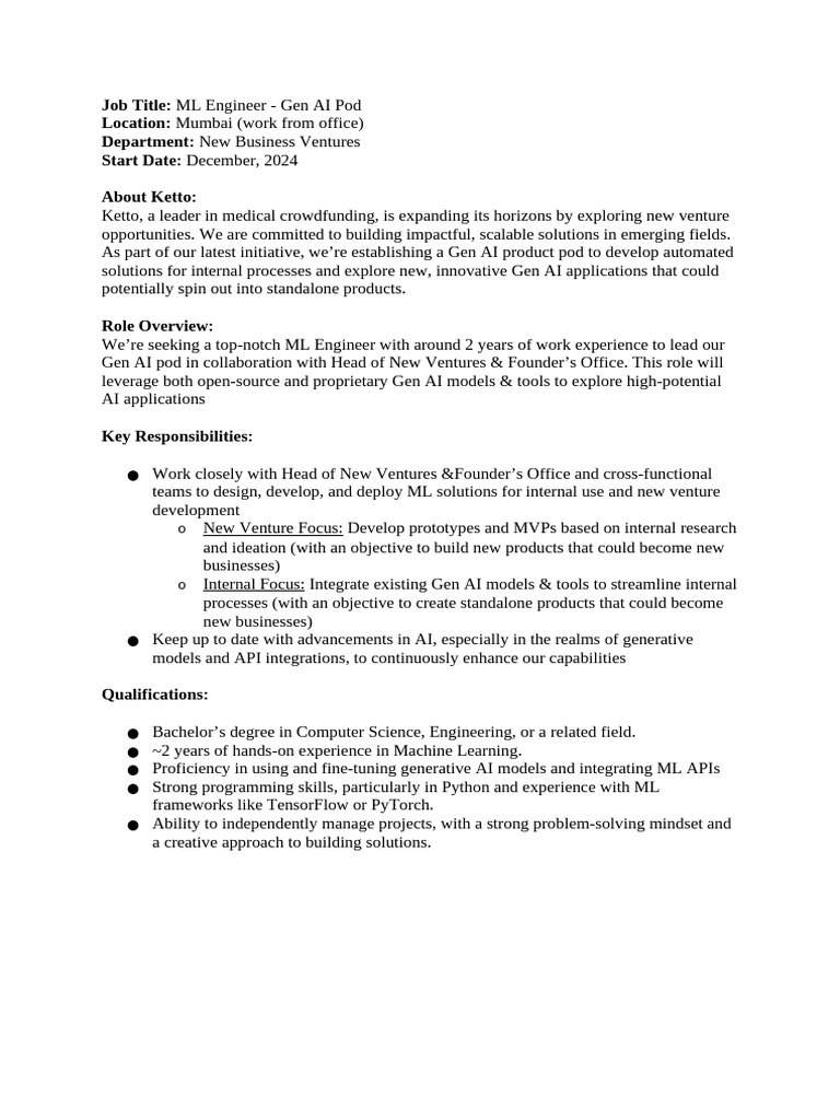 ML Engineer Role at Ketto - Gen AI Pod | PDF
