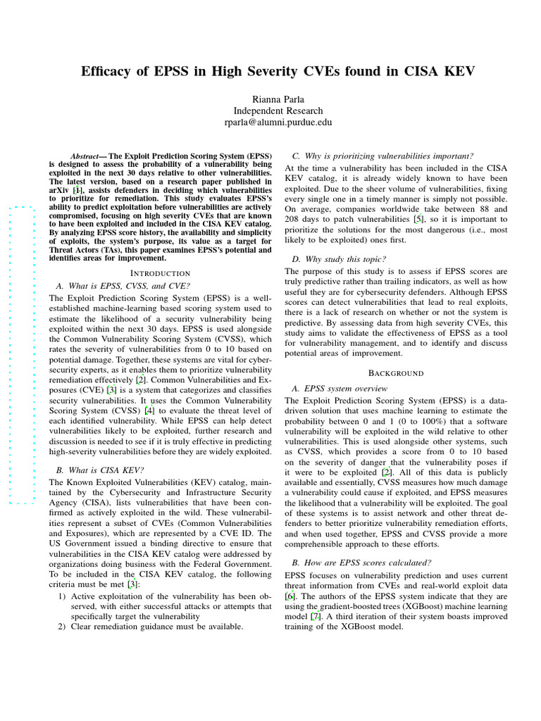 Efficacy of EPSS in High Severity CVEs Found in KE | PDF ...