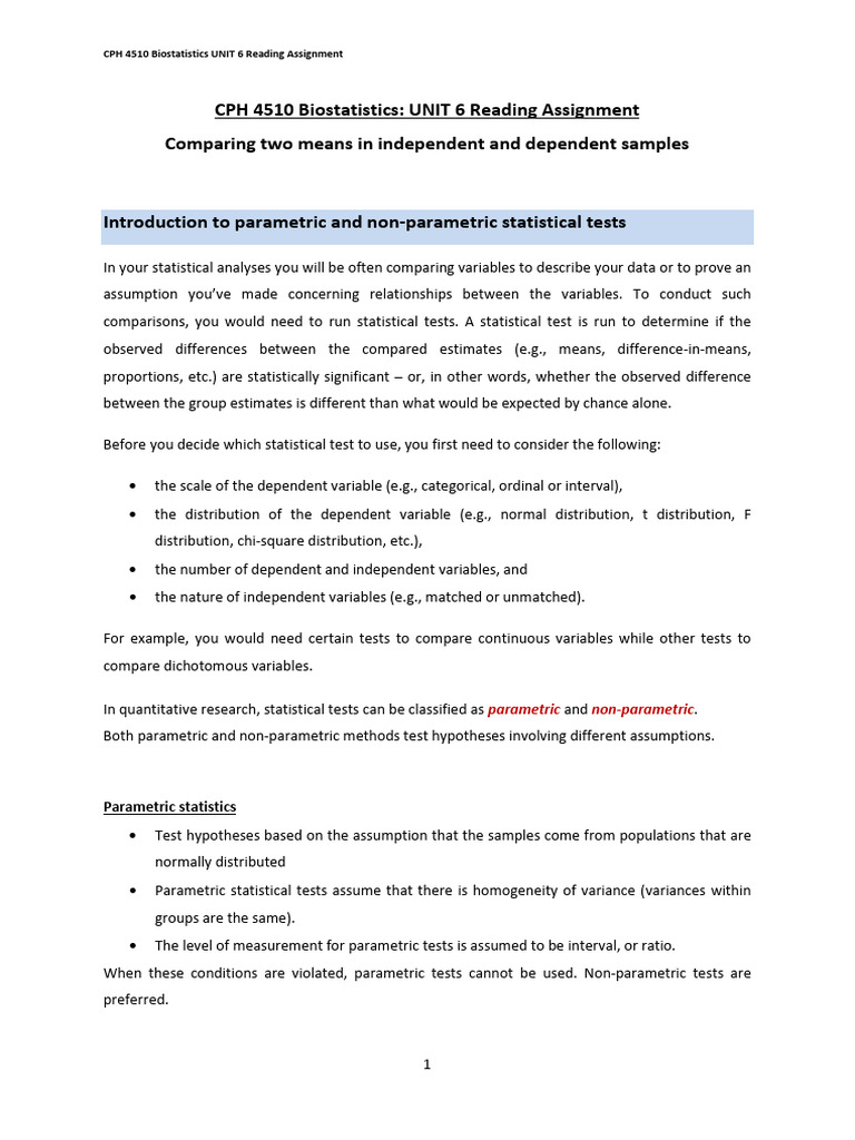 Unit 6 - CPH 4510 Biostatistics - Reading Assignment | PDF | Statistics | P Value