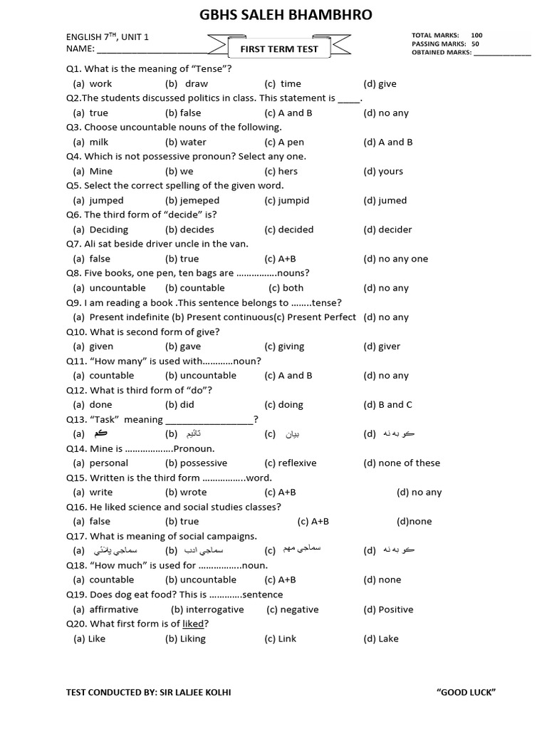First Term English Paper 2024 | PDF | Noun | Semantic Units