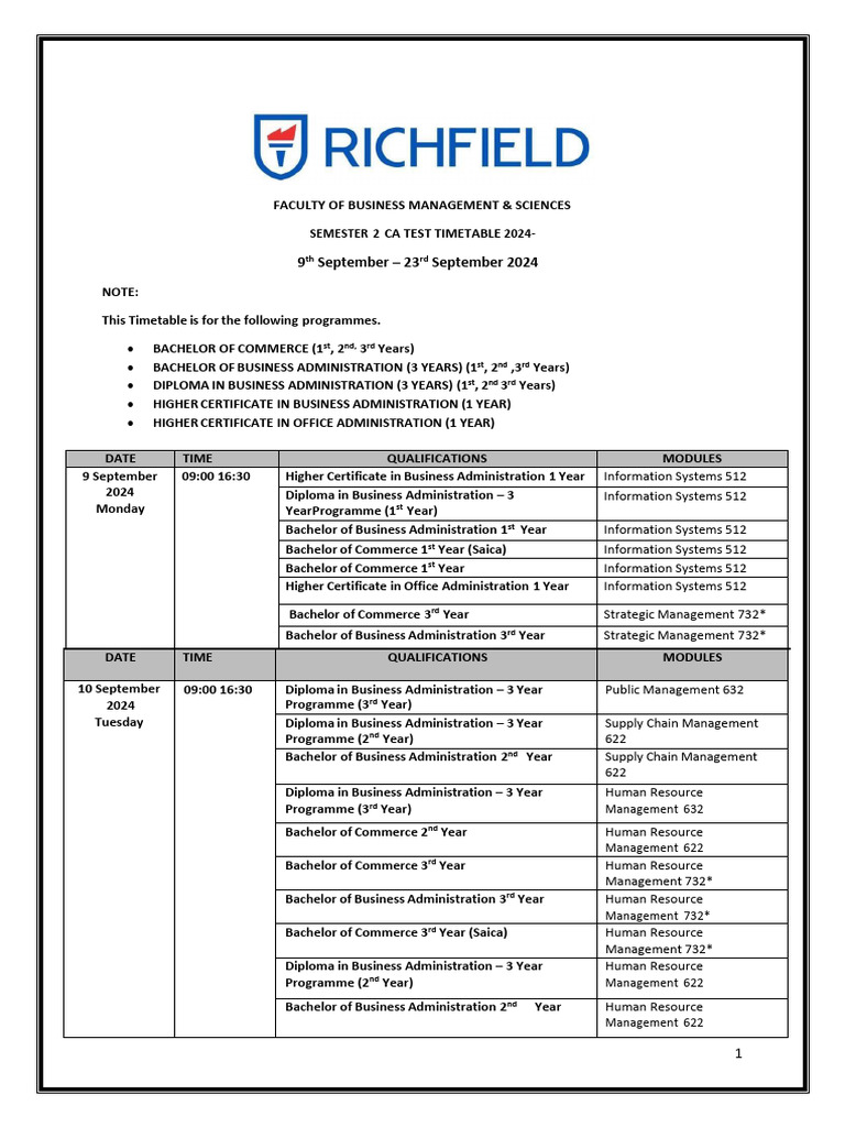 Semester 2 CA TEST Timetable (BMS) Contact Only | PDF | Diploma ...