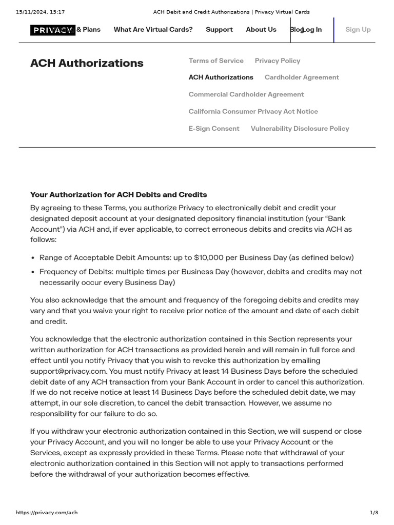 6 ACH Debit and Credit Authorizations - Privacy Virtual Cards | PDF ...