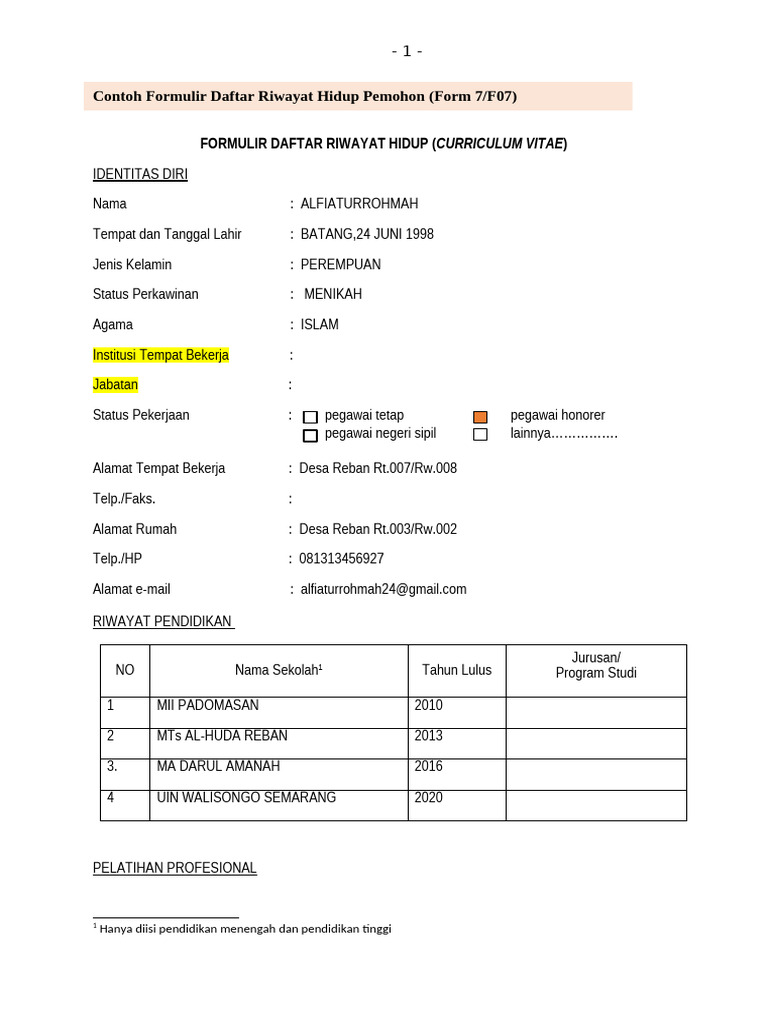Formulir Daftar Riwayat Hidup Pemohon 0 | PDF