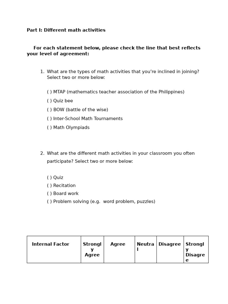 Questionnare For Research About Math | PDF