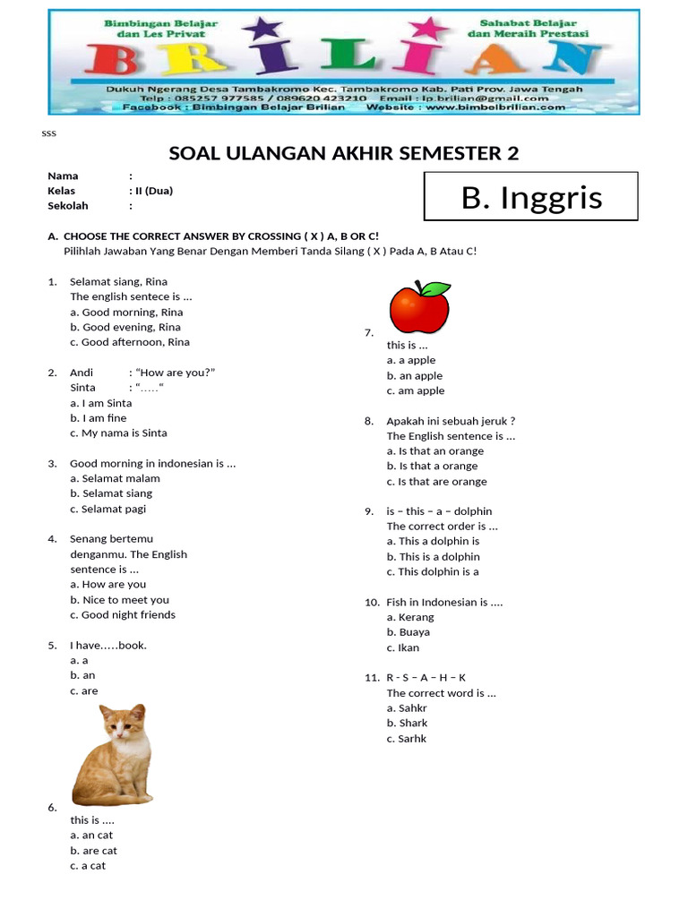 Soal UAS Bahasa Inggris Kelas 2 SD Semester 1 Ganjil Dan Kunci Jawaban WWW Bimbelbrilian Com | PDF