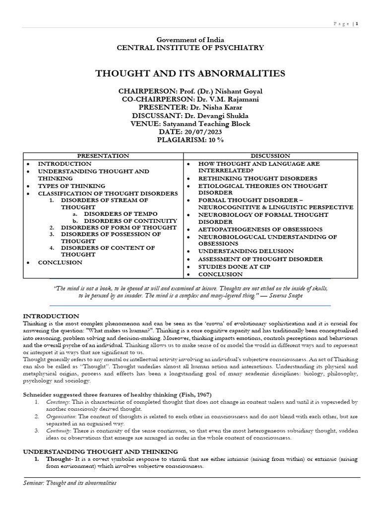 Paper 3 Unit 1 Thought and Its Abnormalities | PDF | Thought | Mental Disorder