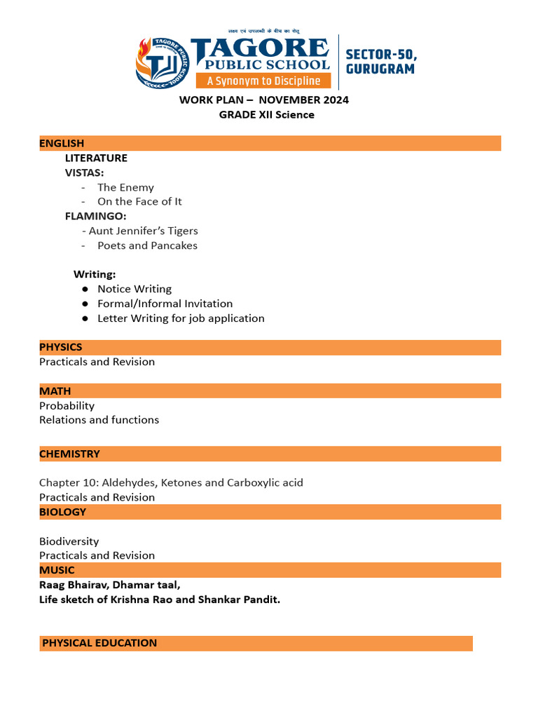 Workplan Grade XII Science Nov. 2024 | PDF