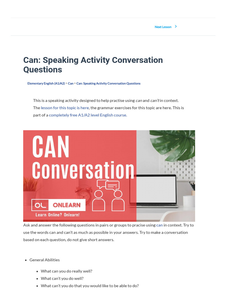 Can - Speaking Activity Conversation Questions - Onlearn | PDF ...
