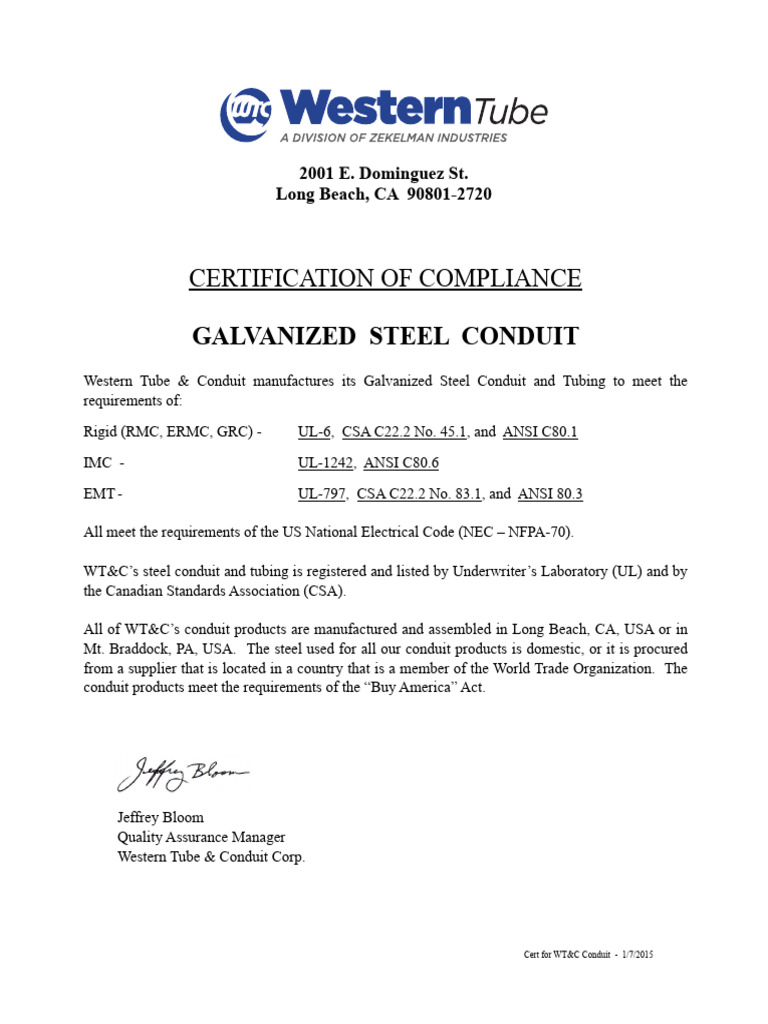 Galvanized Steel Conduit Certification of Compliance | PDF