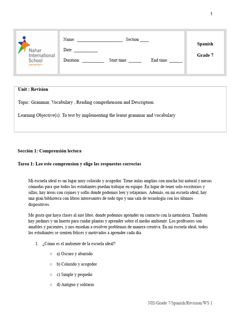 Spanish Grade 7 Revision Worksheet | PDF
