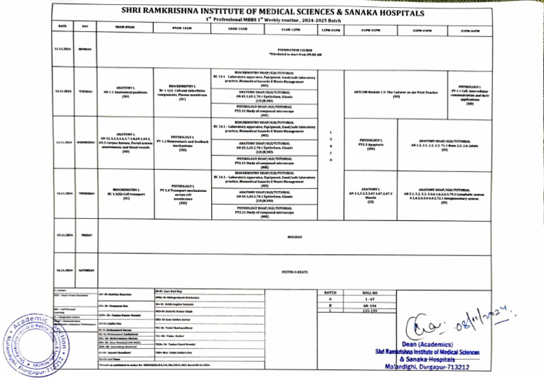 1st Professional MBBS 1st Weekly Routine, 2024-2025 Batch | PDF ...