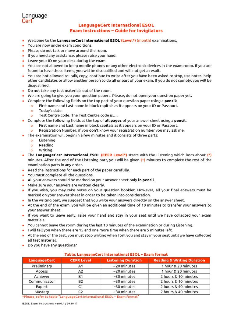 LanguageCert IESOL Exam Instructions For Invigilators | PDF | Qualifications