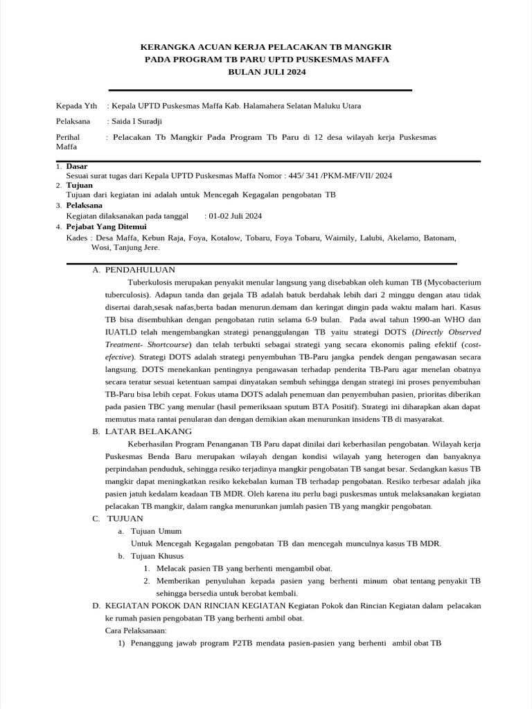 PDF Kak Kegiatan Pelacakan TB Mangkir Tahun 2018 Compress 1 | PDF | Sains & Matematika