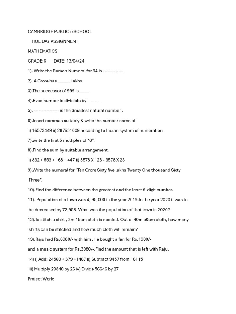 Holiday Assignment For Grade6 | PDF