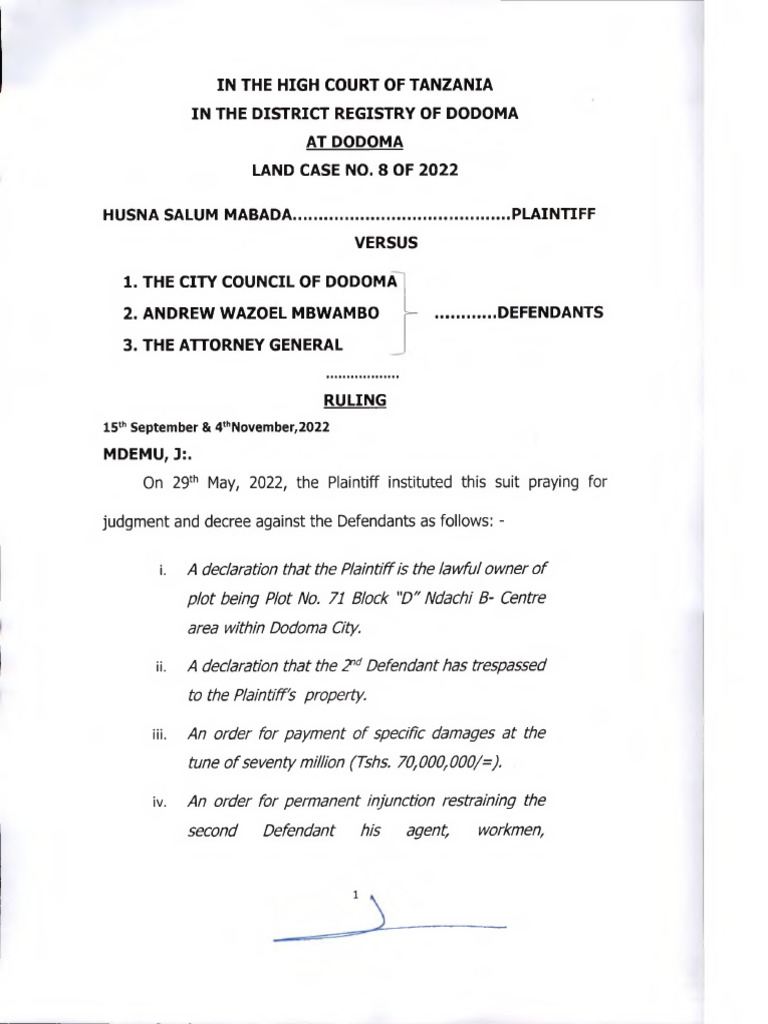Dodoma Land Dispute Ruling | PDF | Lawsuit | Standing (Law)