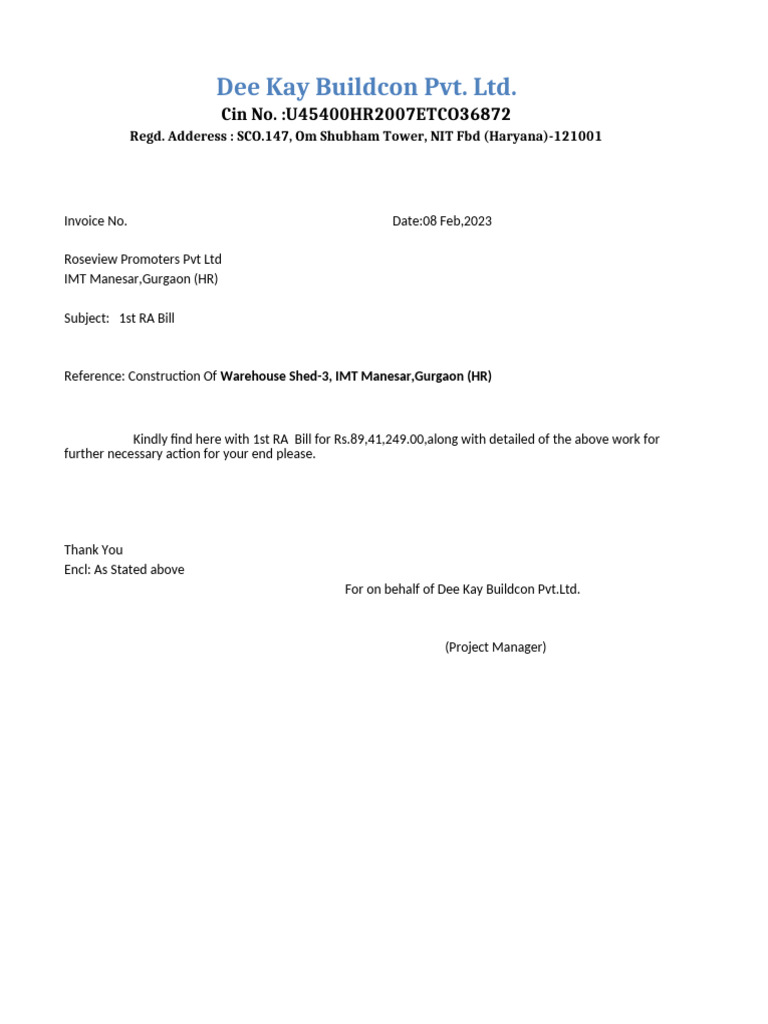 1st RA Bill for Warehouse Shed-3 | PDF | Concrete | Masonry