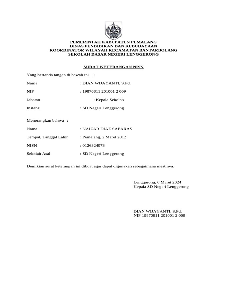 Surat Keterangan Nisn | PDF