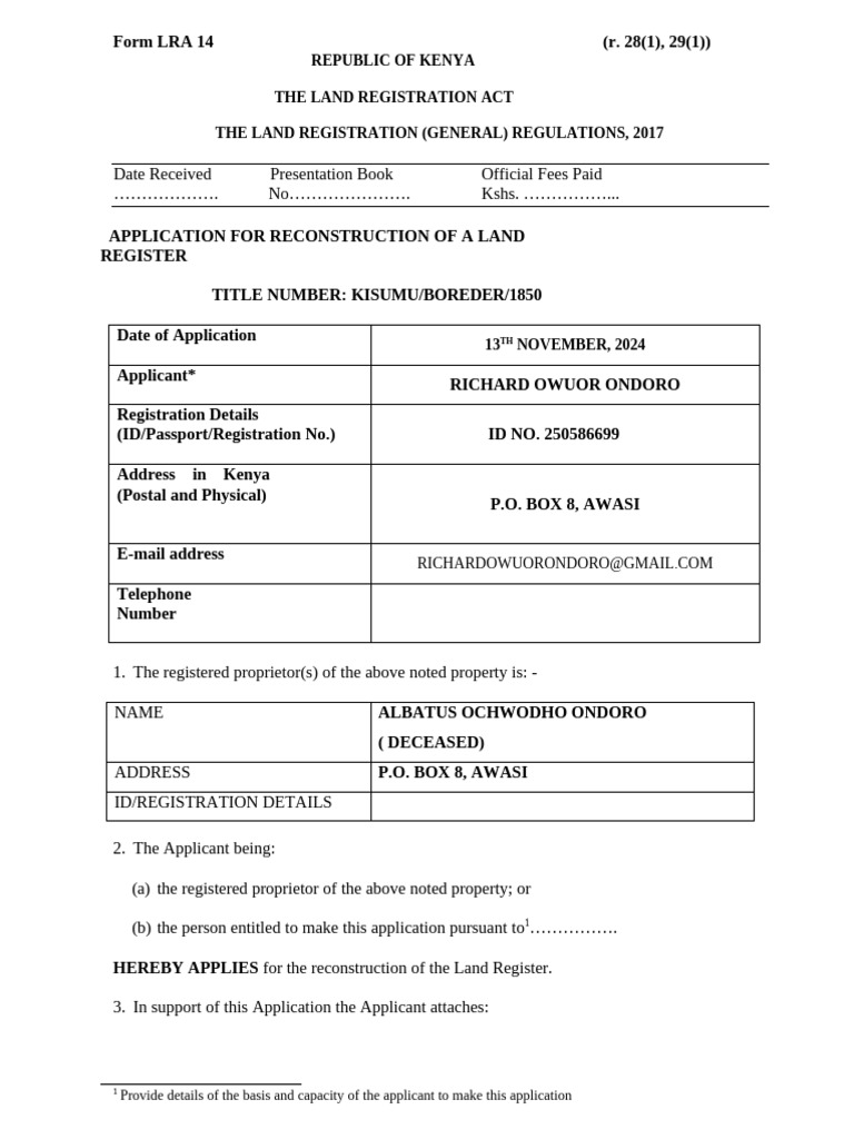 Application for Land Register Reconstruction | PDF | Indemnity | Identity Document