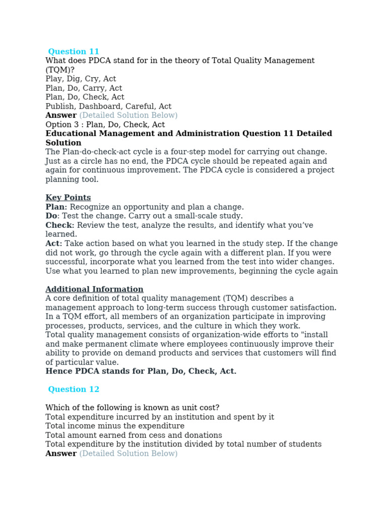 TQM and PDCA Explained | PDF | Leadership | Education Economics