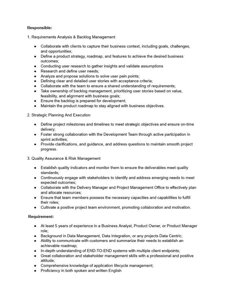 JD-Product-Owner | PDF | Scrum (Software Development) | Cognition