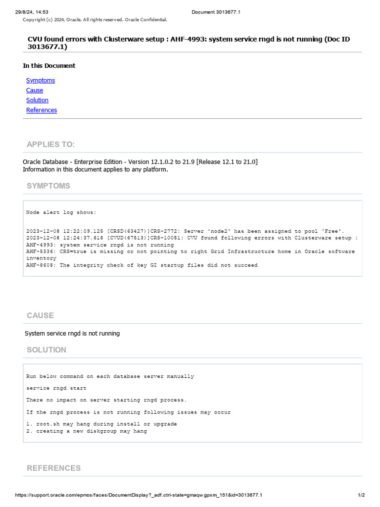 CVU Found Errors With Clusterware Setup AHF-4993 System Service RNGD Is ...