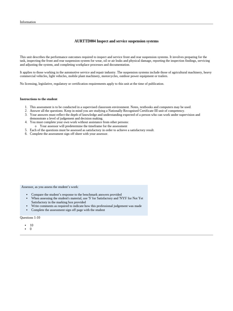 AURTTD004 Inspect and Service Suspension Systems | PDF | Vehicle ...