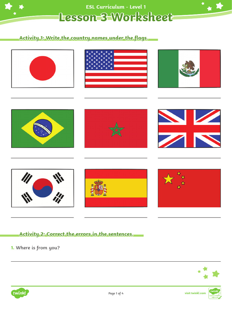 ESL Level 1 Lesson 3 Worksheet | PDF