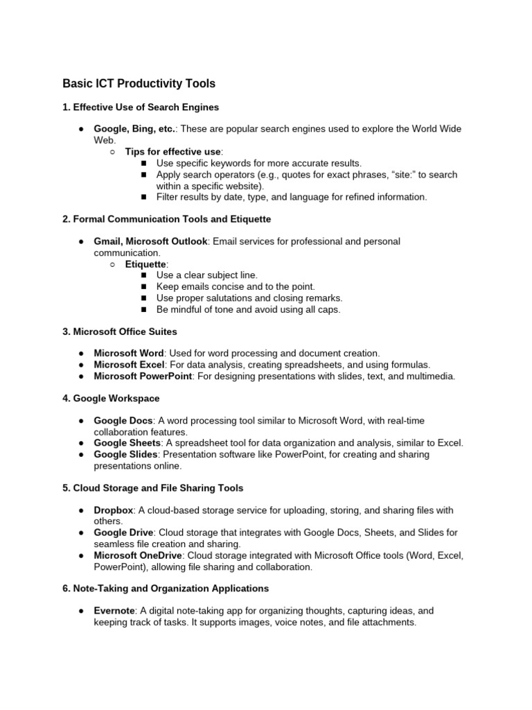 Basic ICT Productivity Tools | PDF | Microsoft Office | Software