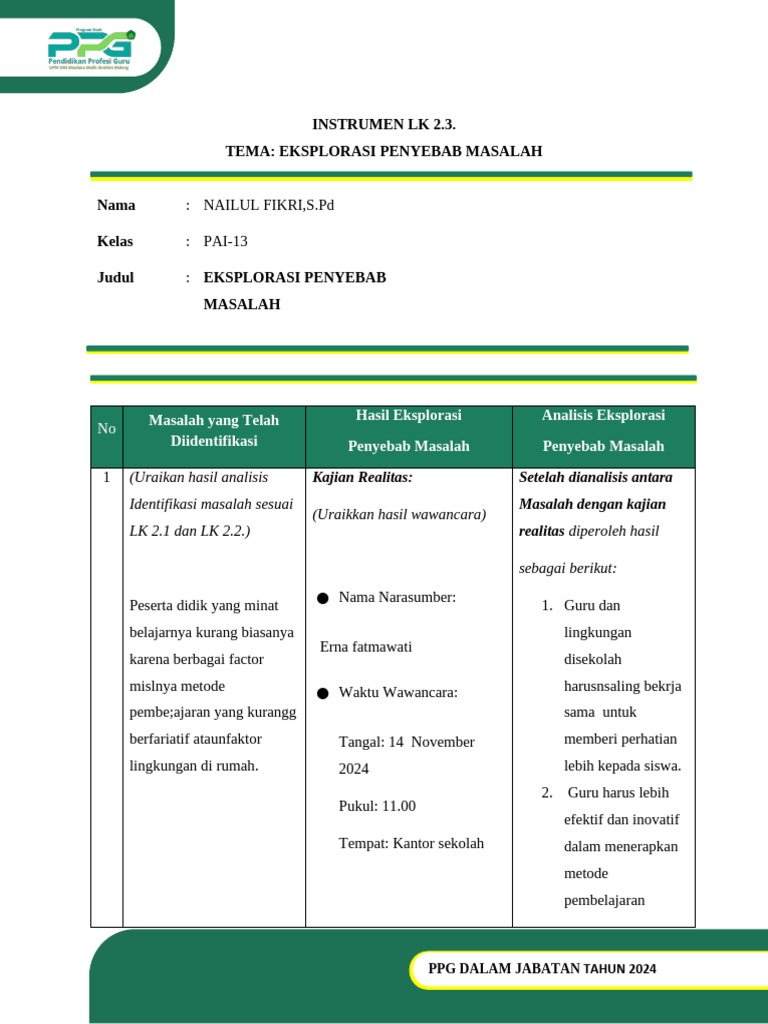 Instrumen LK 2.3 - Eksplorasi Penyebab Masalah - Wawancara - MODUL PROFESIONAL PJBL | PDF ...