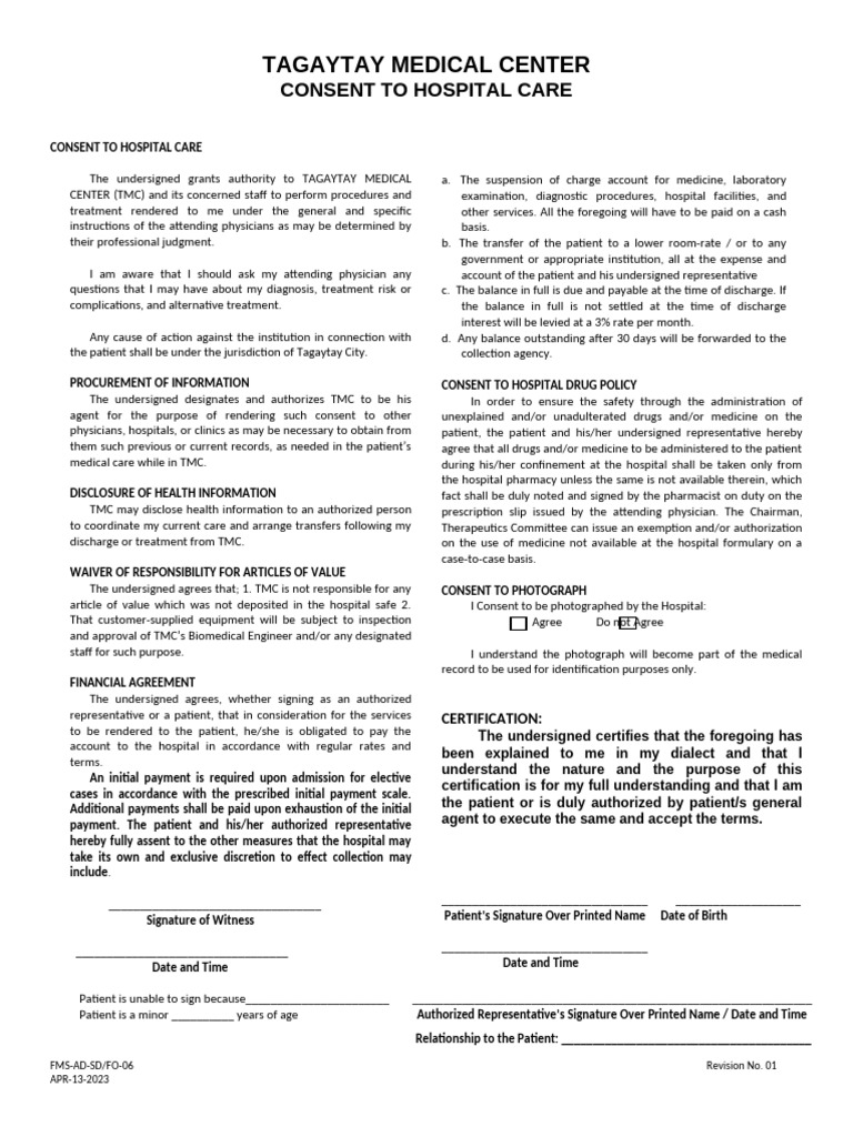 06.consent To Hospital Care Rev.01 | PDF | Informed Consent | Medicine