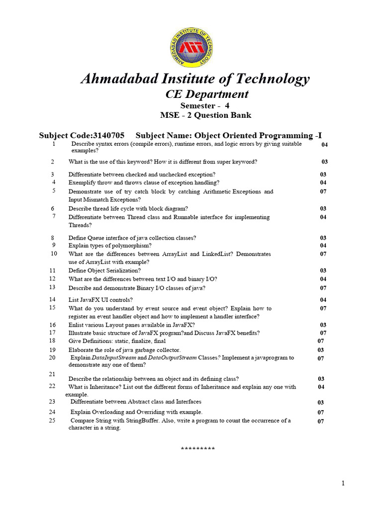 OOPJ MSE - 2 Question Bank Final | PDF | Class (Computer Programming) | Java (Programming Language)